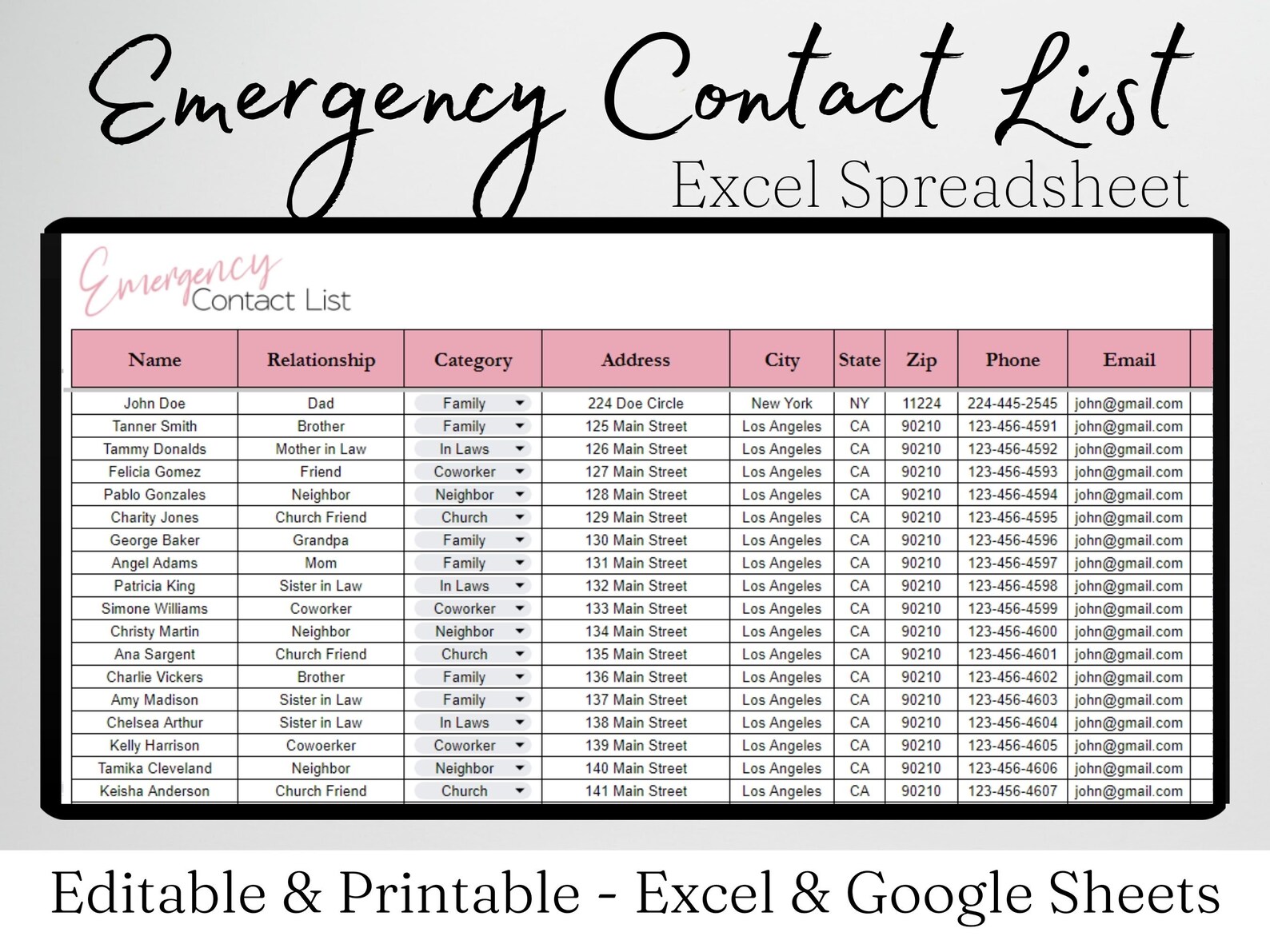 Emergency Contact List Template Excel Spreadsheet Emergency - Etsy