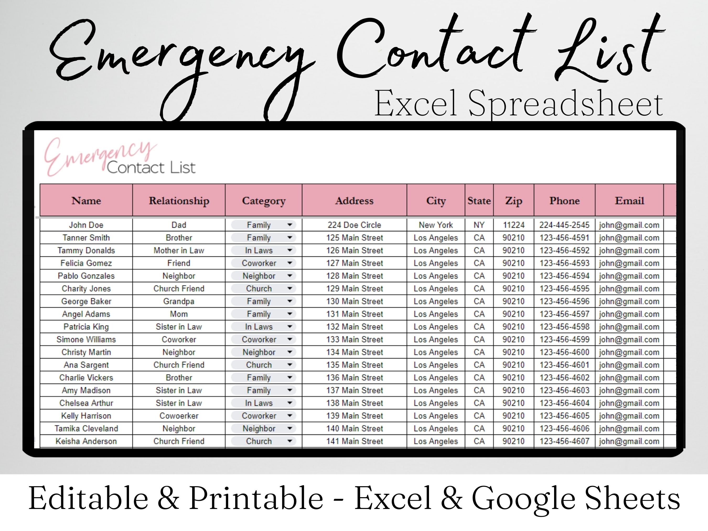 Emergency Contact List Template Excel Spreadsheet Emergency Etsy