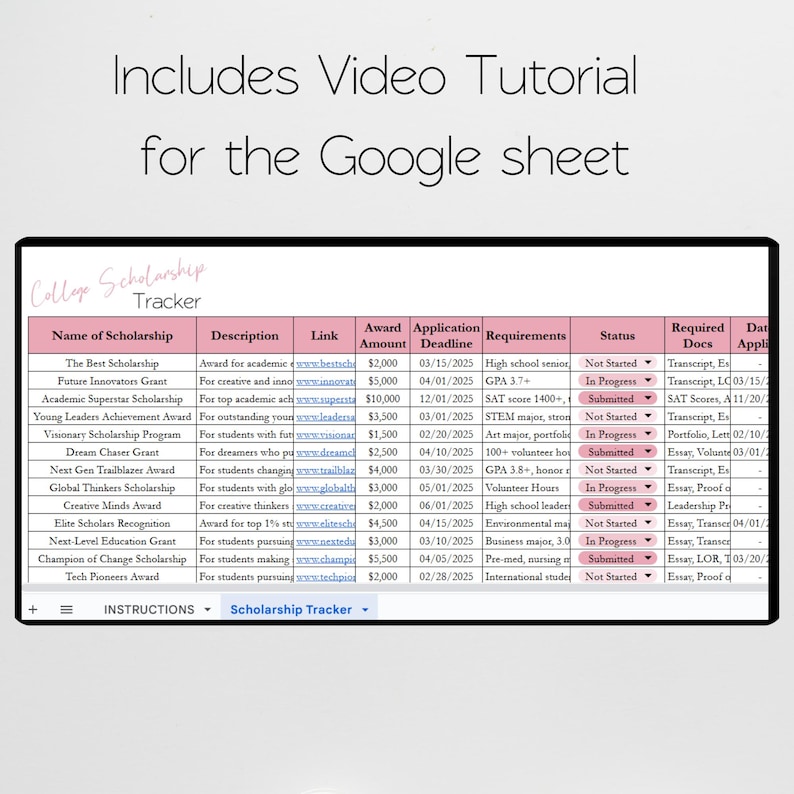 Scholarship Tracker Spreadsheet Template, College Scholarship Tracker ...