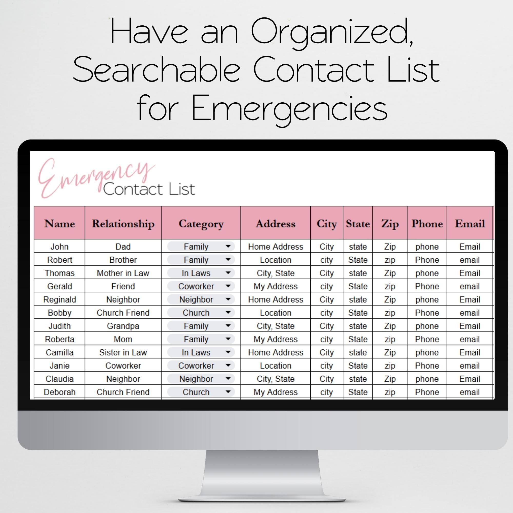 Emergency Contact List Template Excel Spreadsheet, Emergency ...