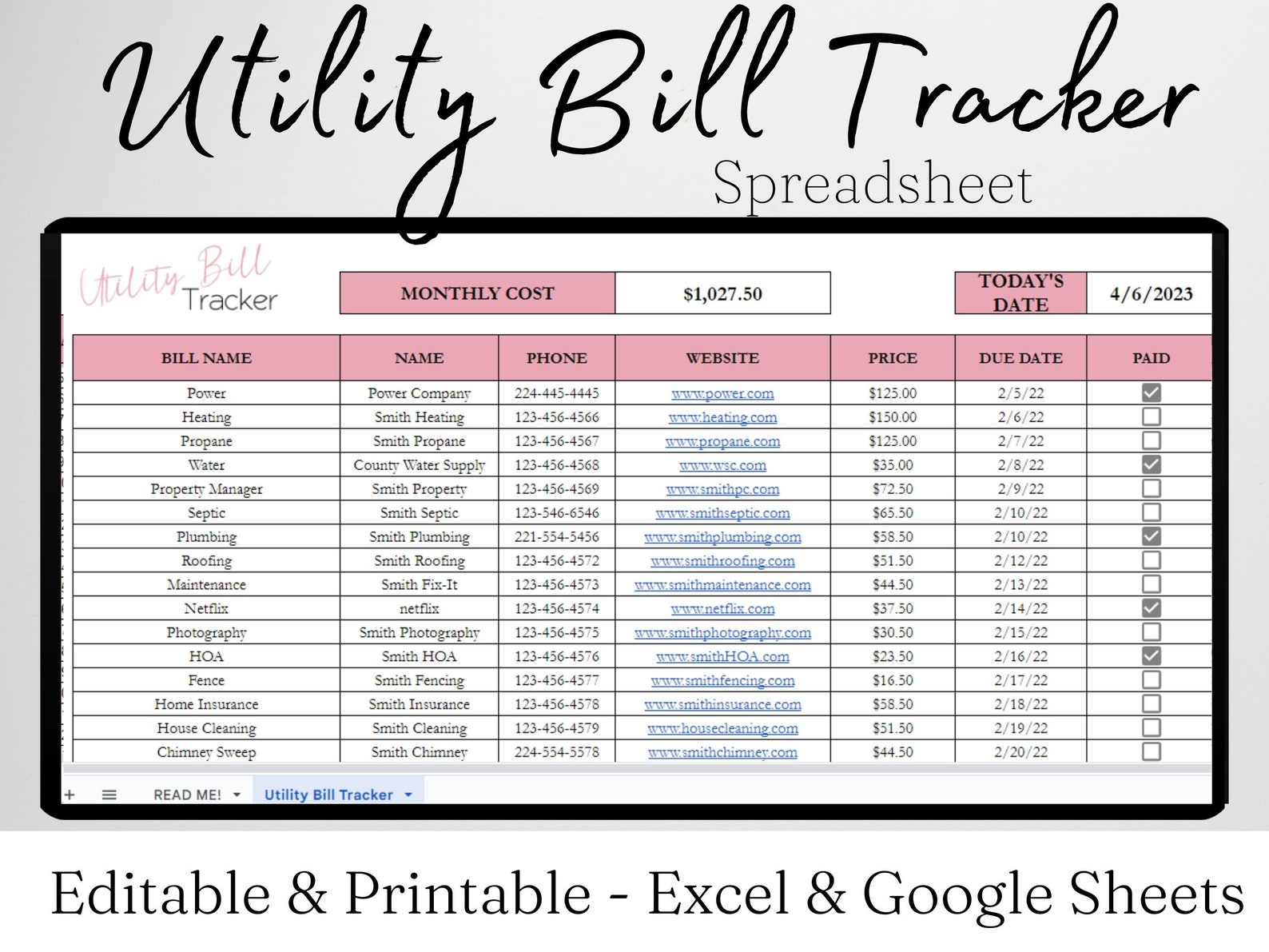 Utility Bill Tracker Excel Spreadsheet, Utilities Tracker Google Sheets ...