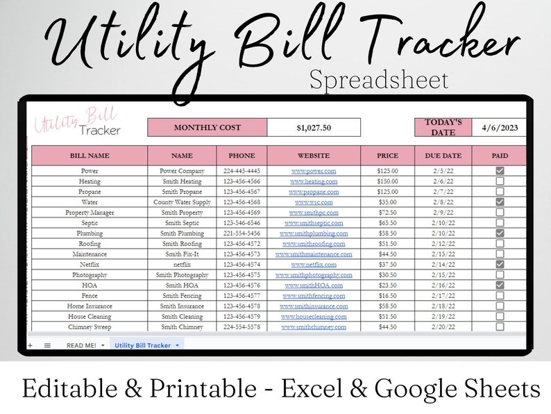Utility Bill Tracker Excel Spreadsheet, Utilities Tracker Google Sheets ...