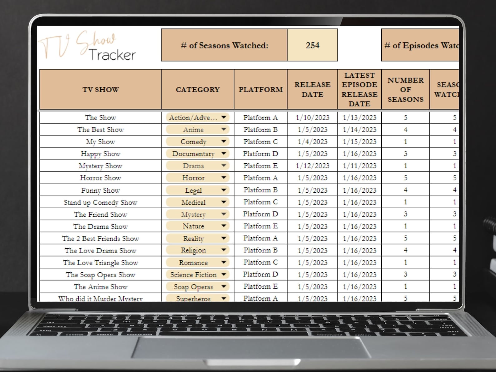 TV Show Tracker Excel Spreadsheet TV Shows Tracking Google - Etsy
