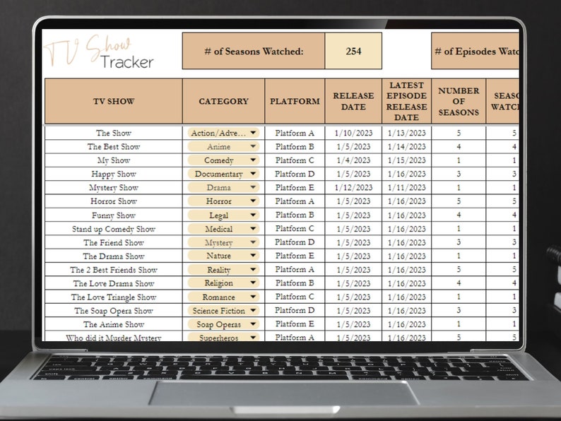 TV Show Tracker Excel Spreadsheet TV Shows Tracking Google - Etsy