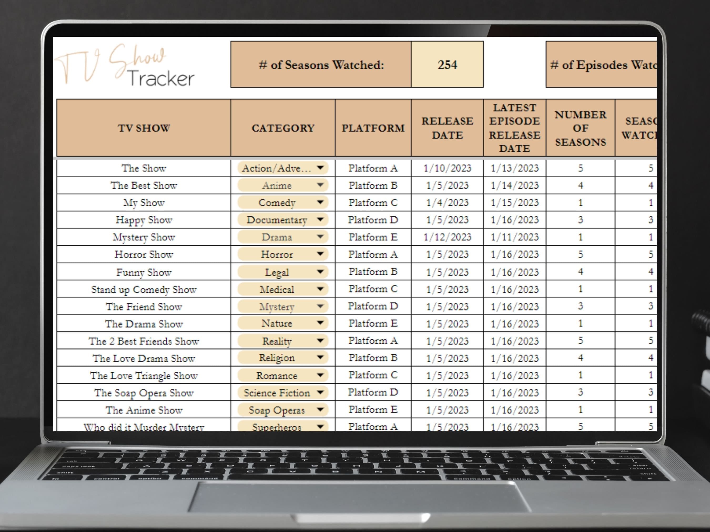 TV Show Tracker Excel Spreadsheet TV Shows Tracking Google - Etsy