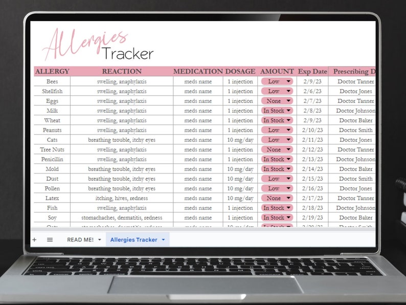 Allergy Tracker Template Excel Spreadsheet Allergy List - Etsy