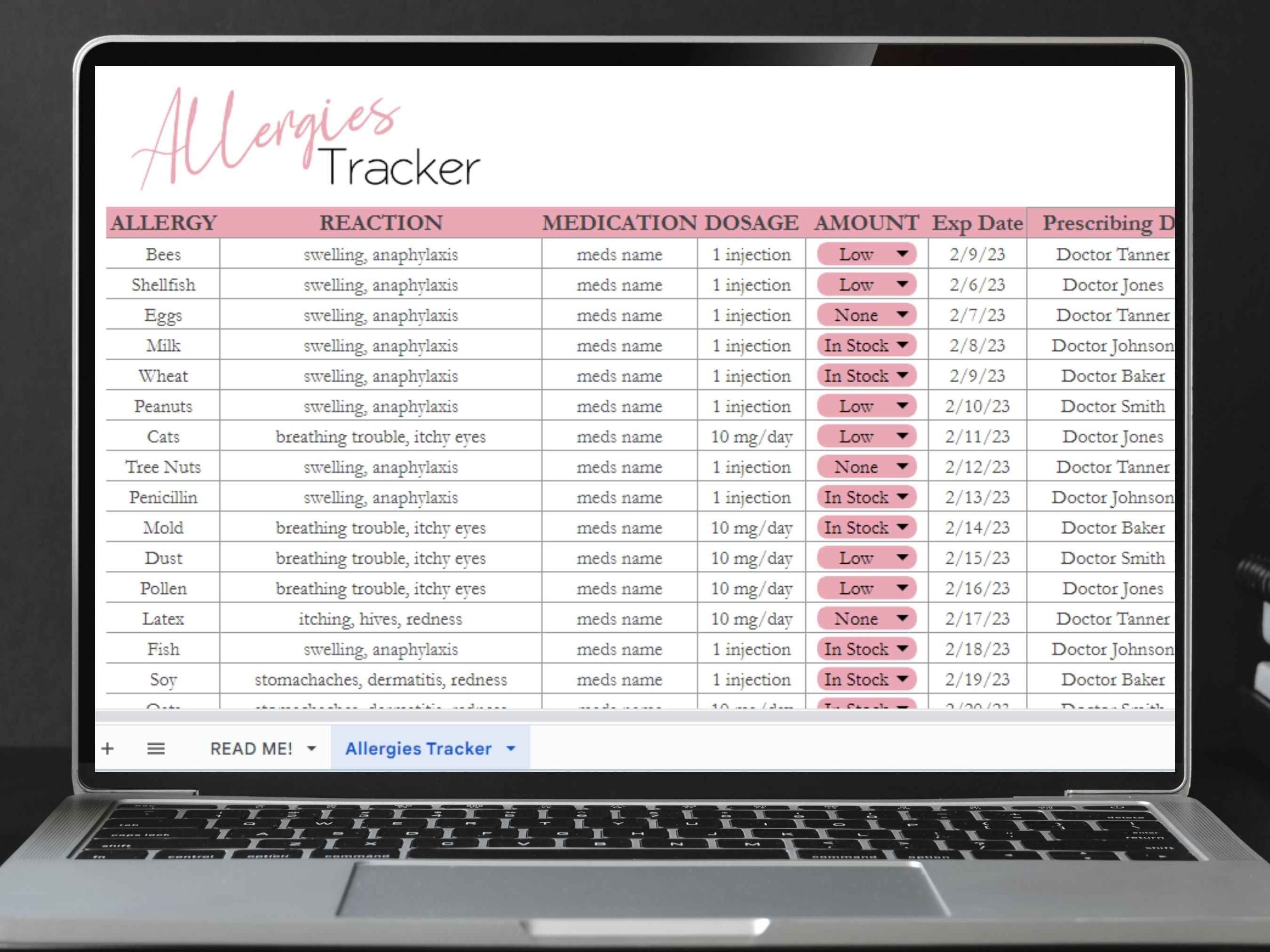 Allergy Tracker Template Excel Spreadsheet Allergy List - Etsy
