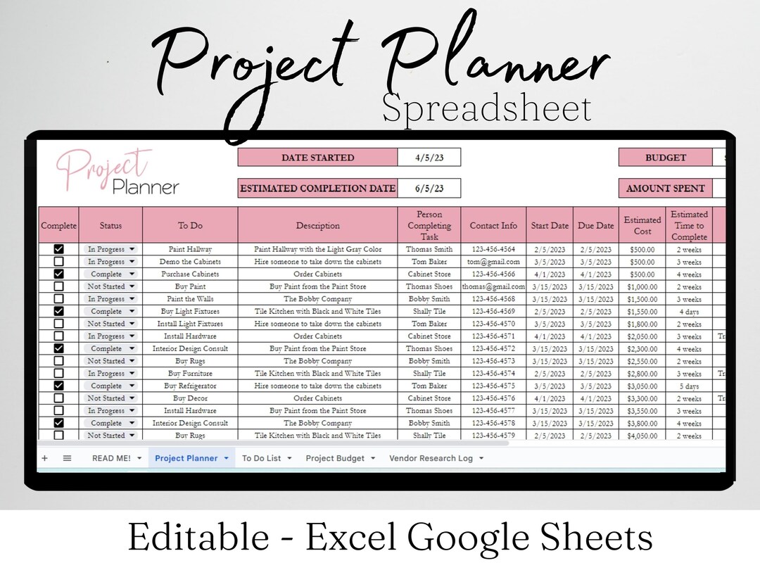 Project Planner Template Excel Spreadsheet, Project Management ...