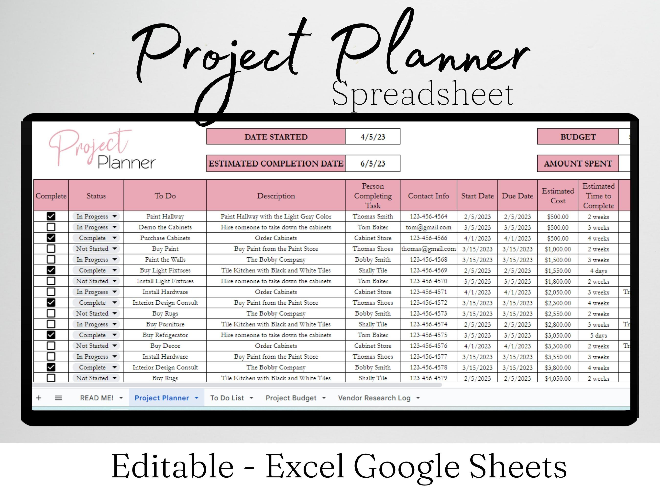 Project Planner Template Excel Spreadsheet Project - Etsy