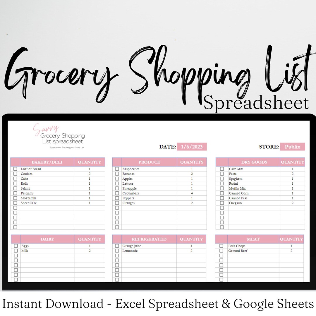 Grocery List Spreadsheet, Grocery Shopping List Template, Grocery ...