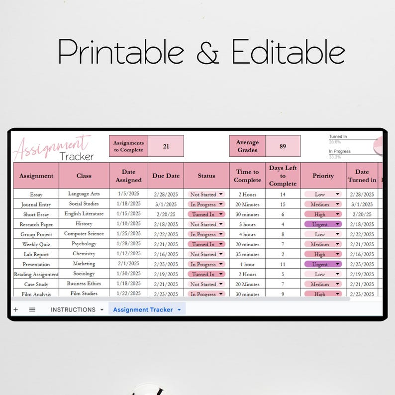 Assignment Tracker Template Excel Spreadsheet, Homework Task List ...