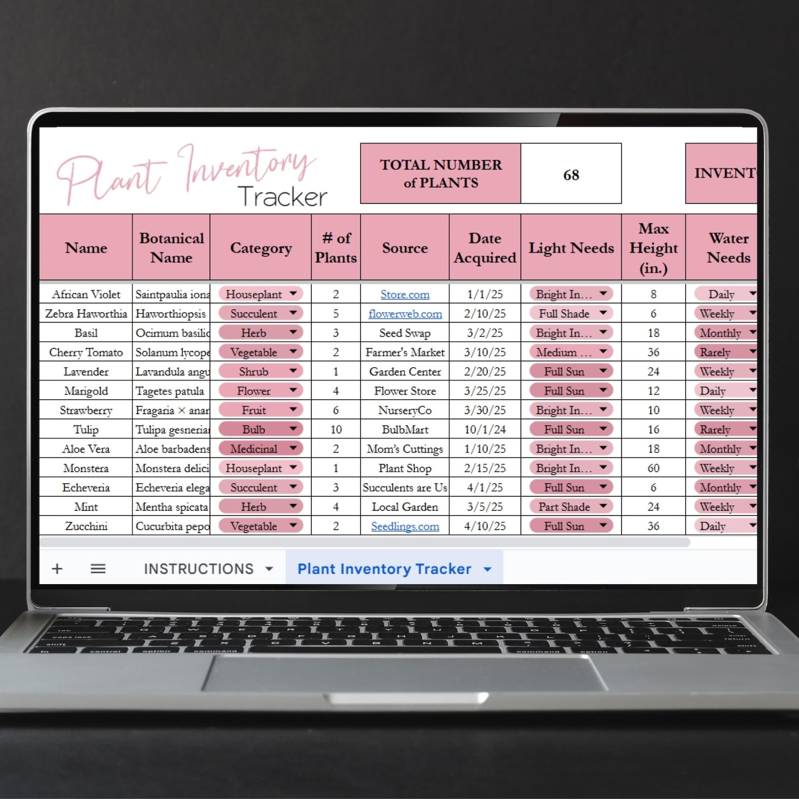 Plant Inventory Tracker Spreadsheet Template, Plant Journal, House ...
