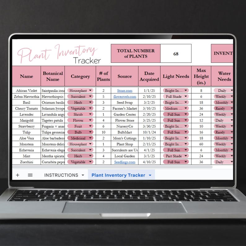 Plant Inventory Tracker Spreadsheet Template, Plant Journal, House ...
