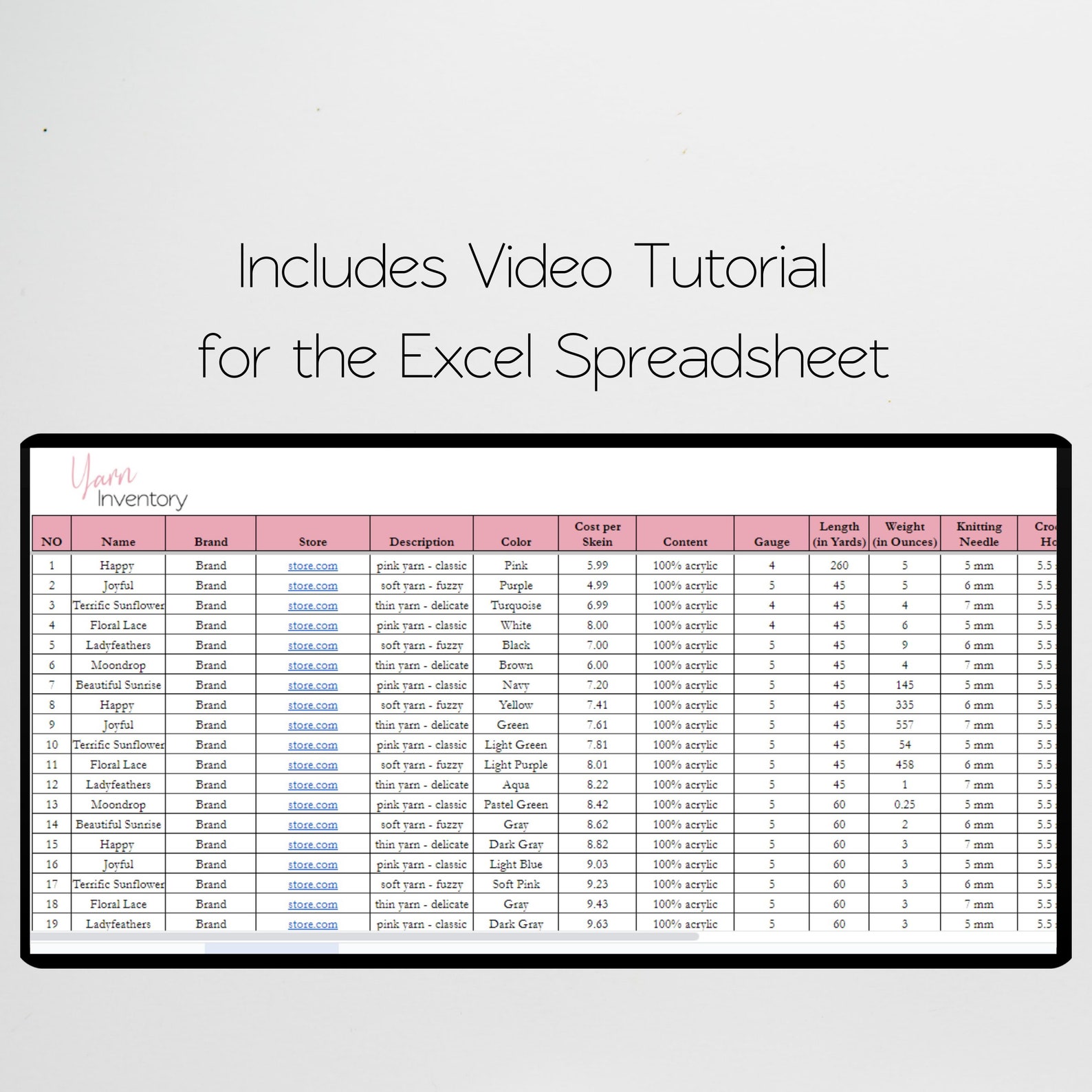 Yarn Inventory Tracker Excel Spreadsheet, Yarn Organizer Worksheet ...