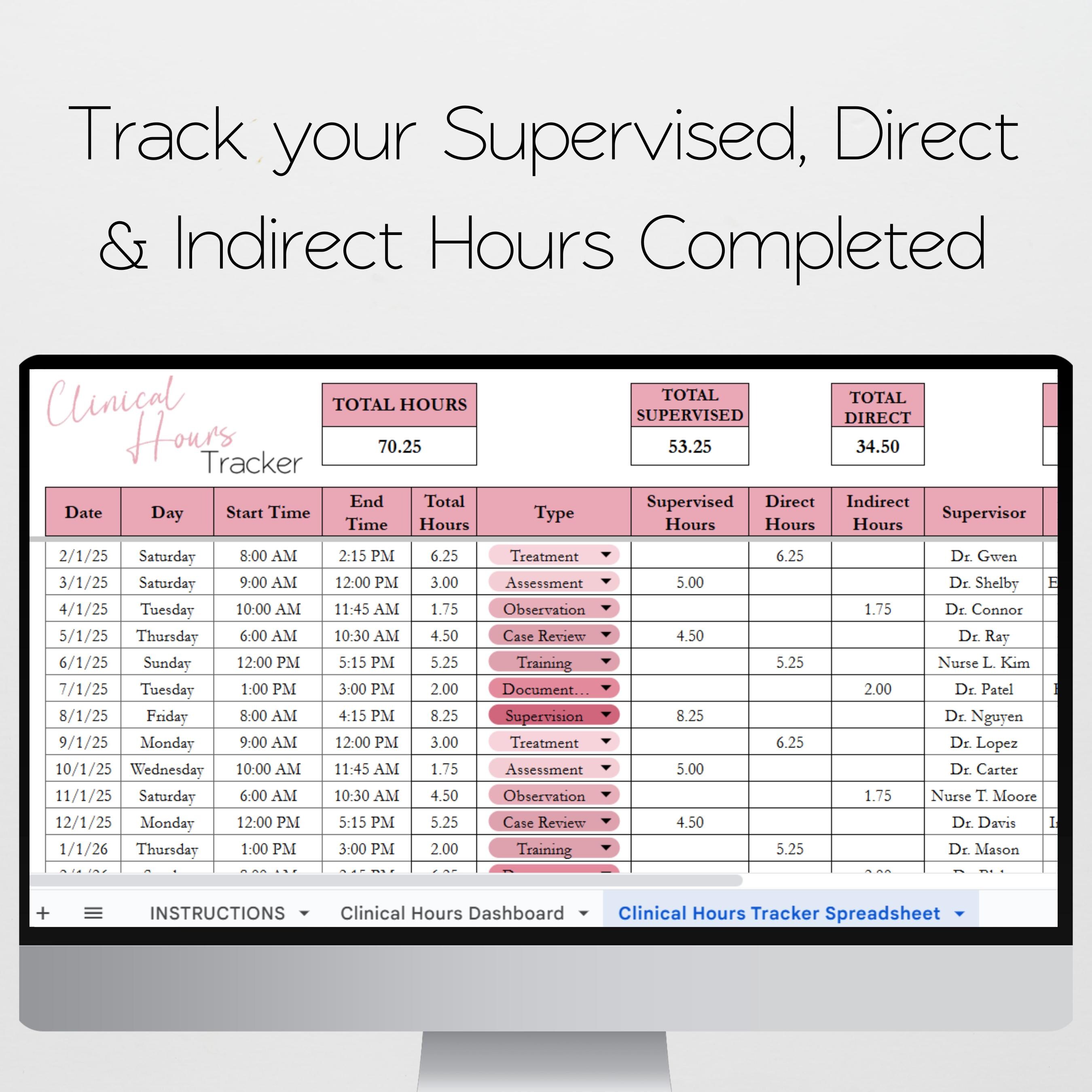 Clinical Hours Tracker Spreadsheet, Residency Hours Sheet, Supervision ...