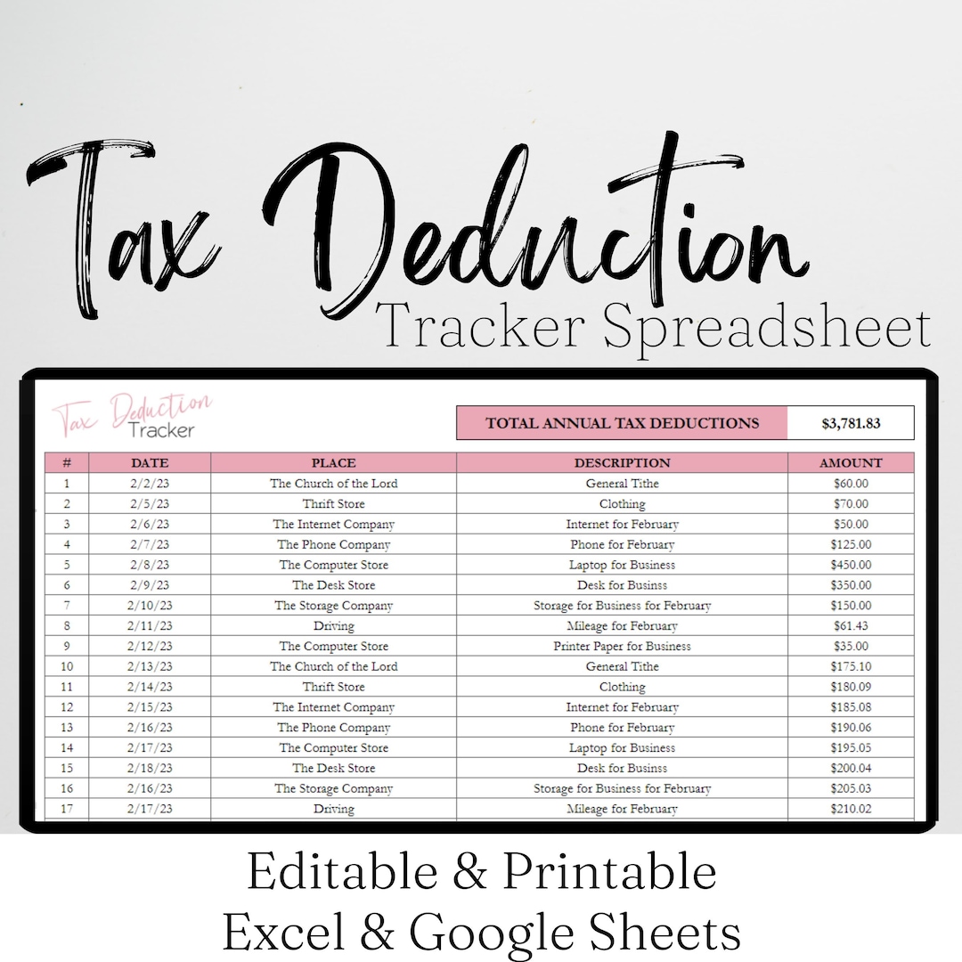 Tax Deduction Tracker Excel Spreadsheet, Editable Tax Deductions List ...