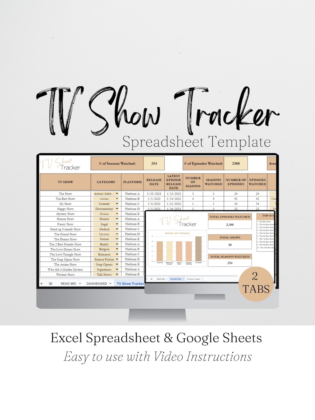 TV Show Tracker Excel Spreadsheet, TV Shows Tracking Google Sheets ...