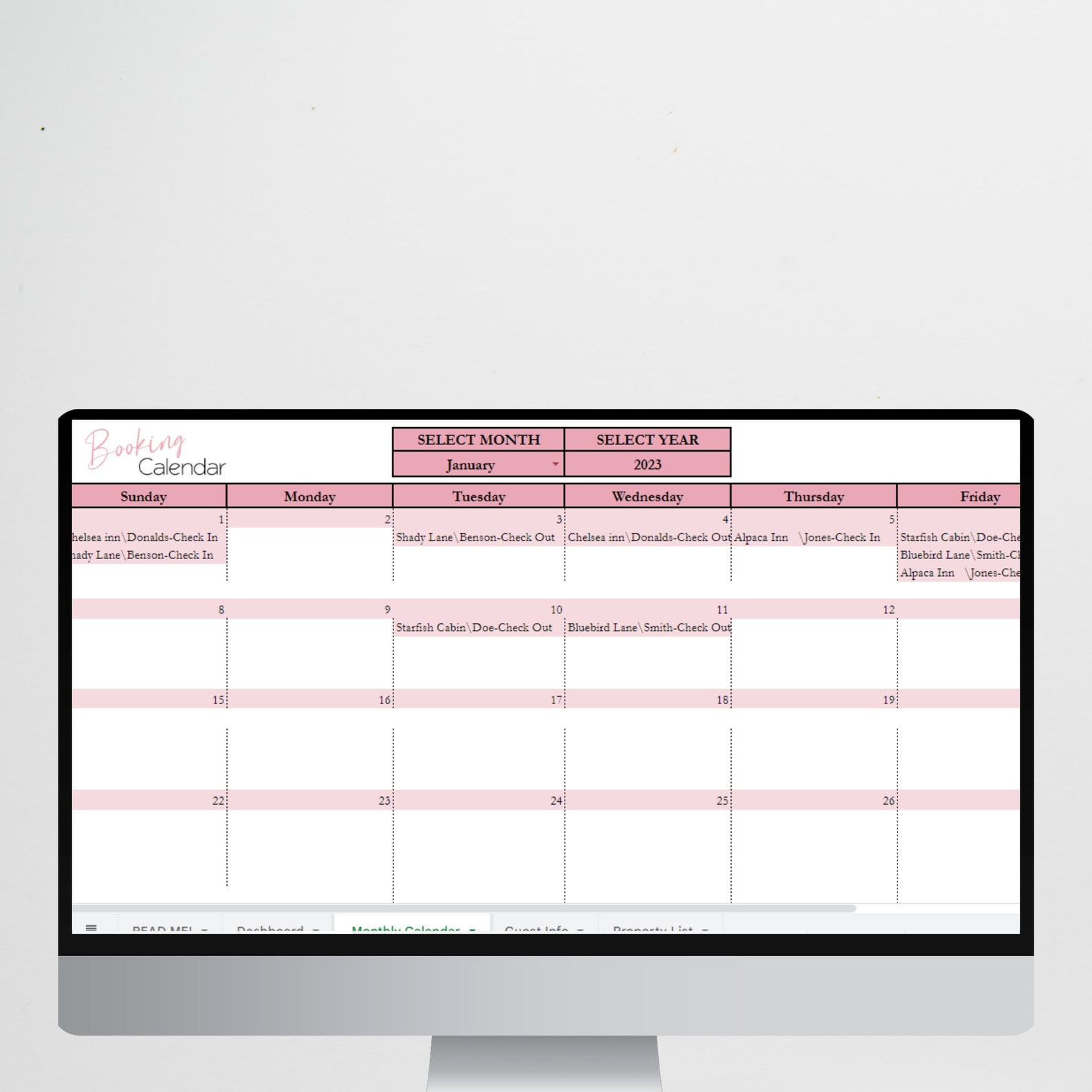 Booking Calendar for Short Term Rental Property Google Sheets, Vacation ...