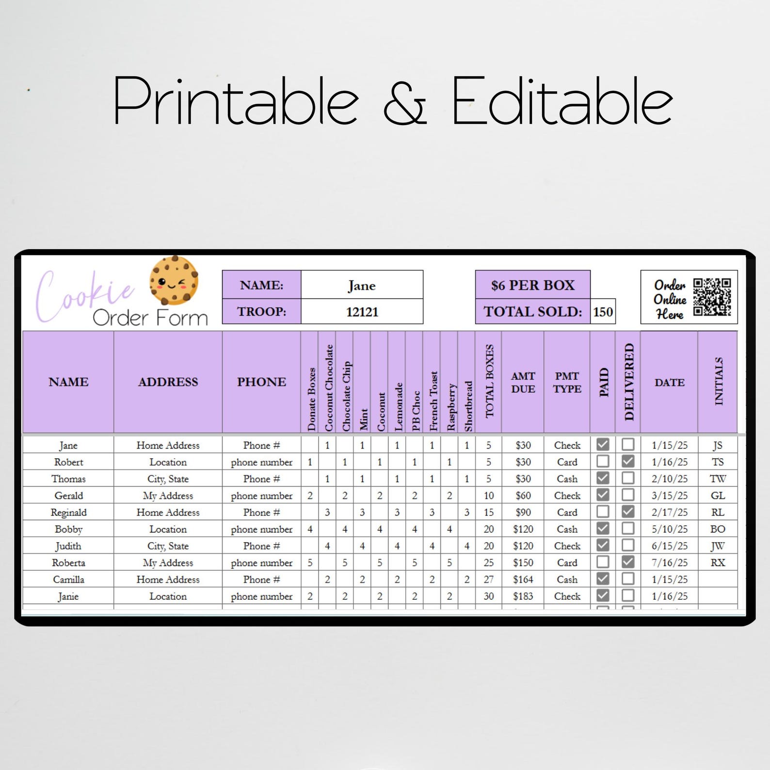 Cookie Order Form Template With QR Code, Printable Order Form 2026 ...
