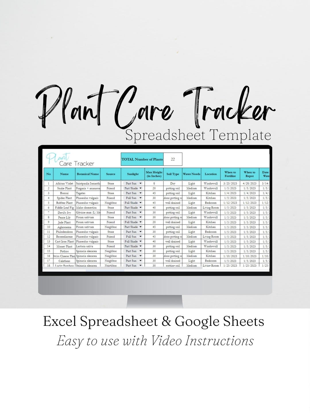 Plant Care Tracker Excel Spreadsheet, Houseplants Care, House Plant ...