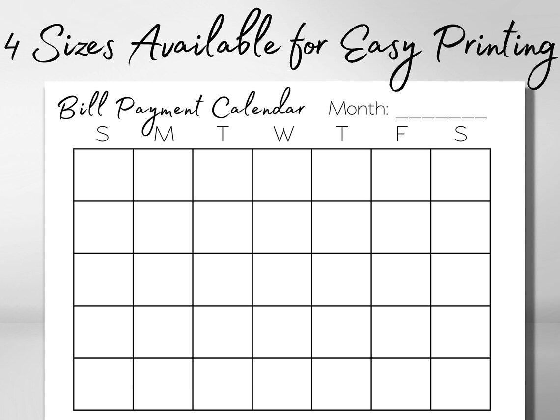 Bill Calendar Printable Bill Payment Calendar Bill Payment - Etsy