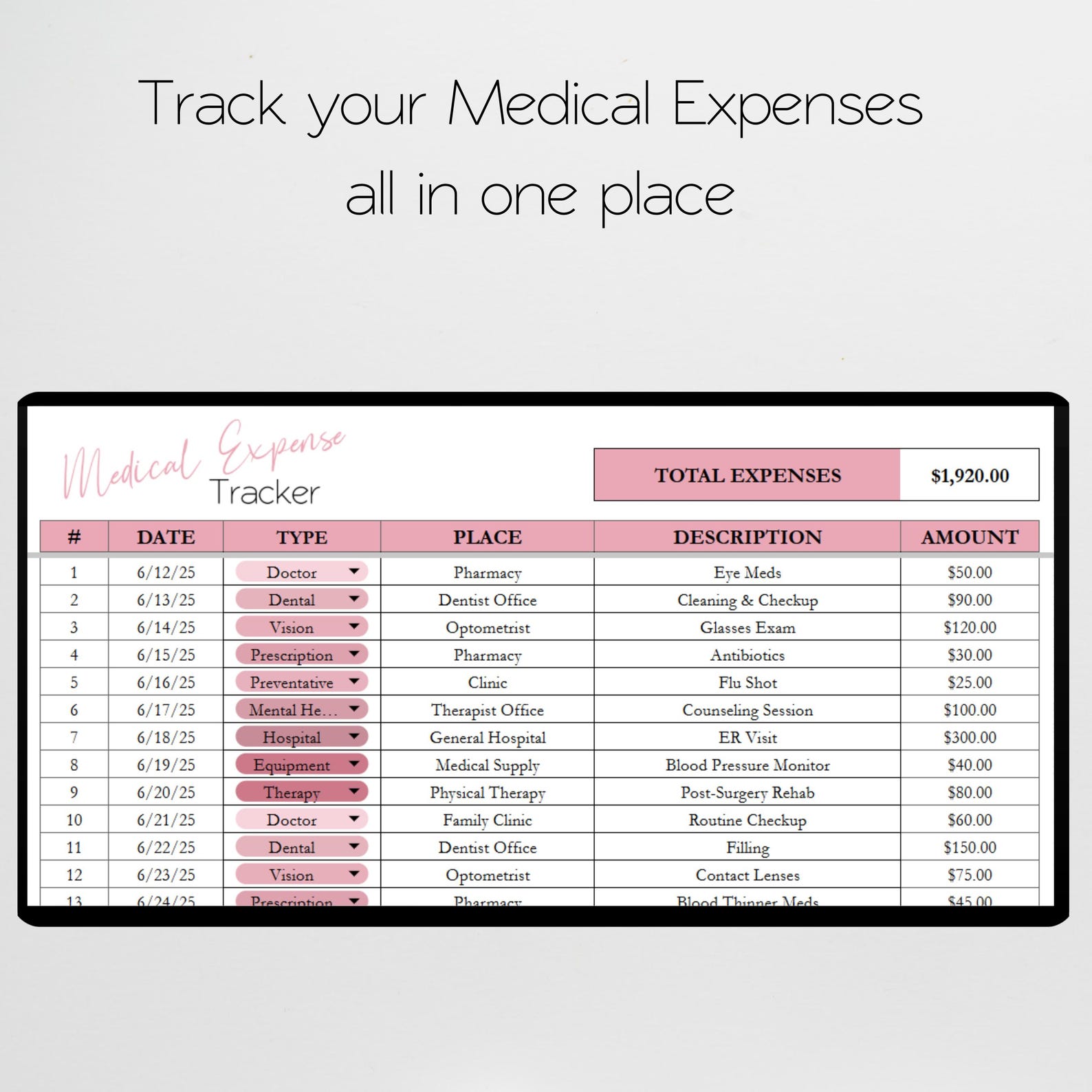 Medical Expense Tracker, Tax Deductions Tracking Sheet, HSA Tracker FSA ...