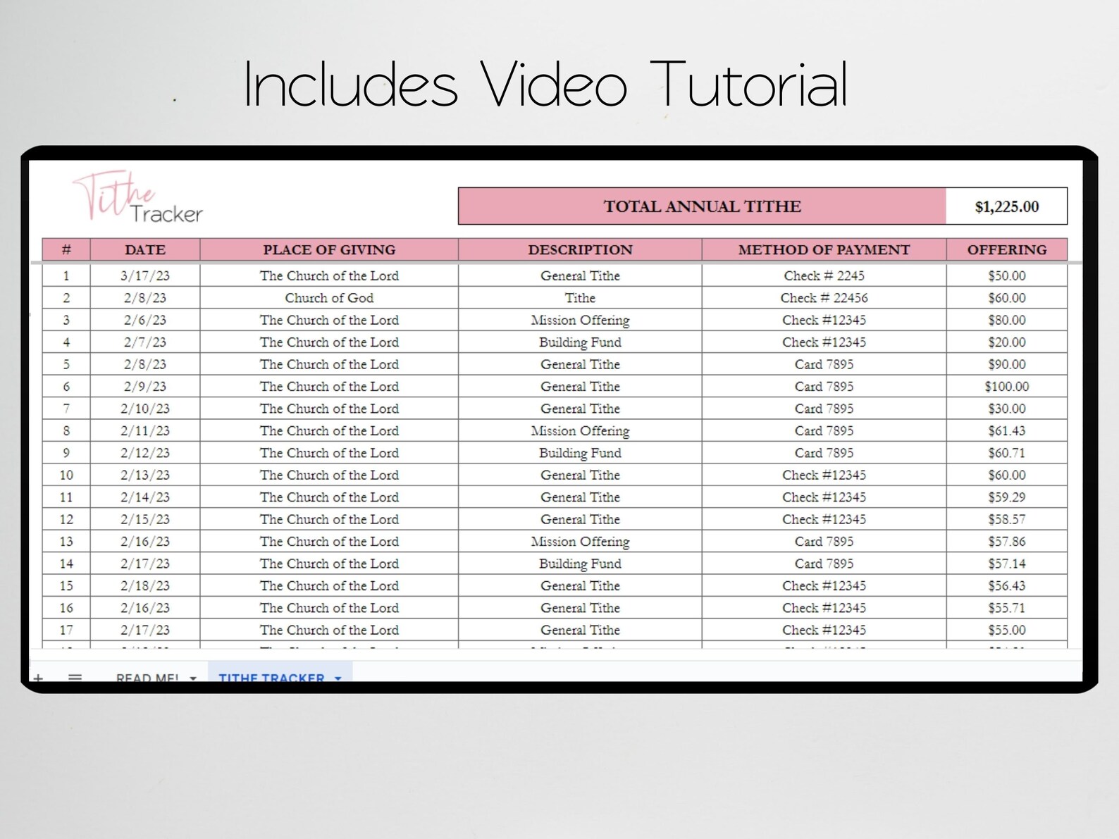 Tithe Tracker Excel Spreadsheet, Tithes and Offerings Tracking, Church ...