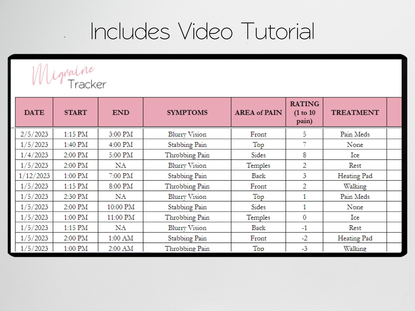 Migraine Tracker Excel Spreadsheet, Chronic Migraine Log Template ...