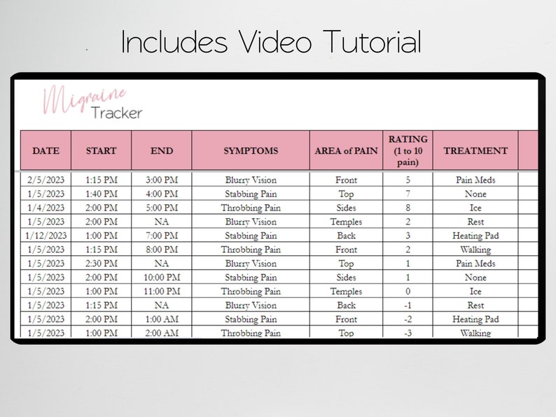 Migraine Tracker Excel Spreadsheet Chronic Migraine Log - Etsy