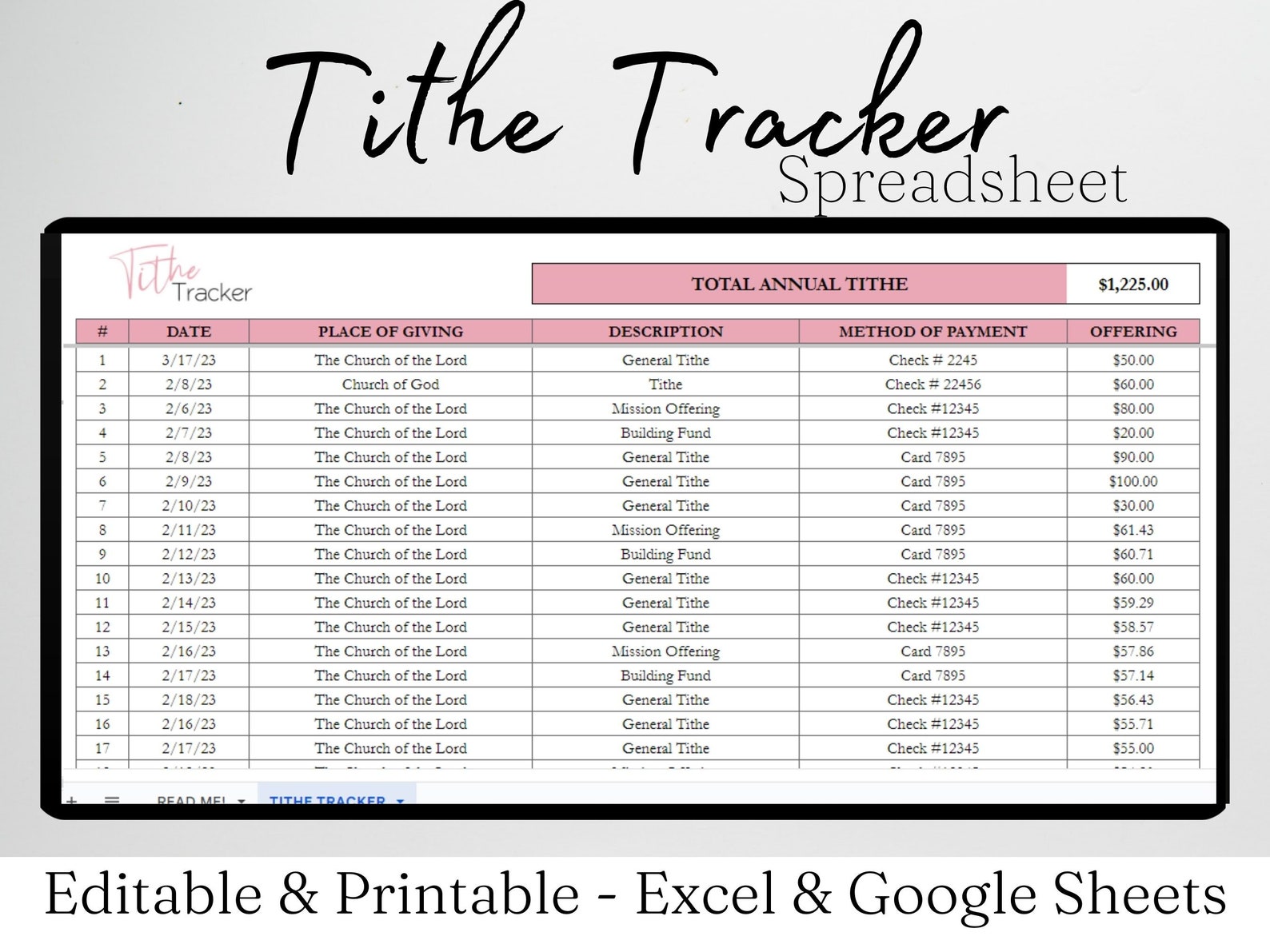 Tithe Tracker Excel Spreadsheet, Tithes and Offerings Tracking, Church ...