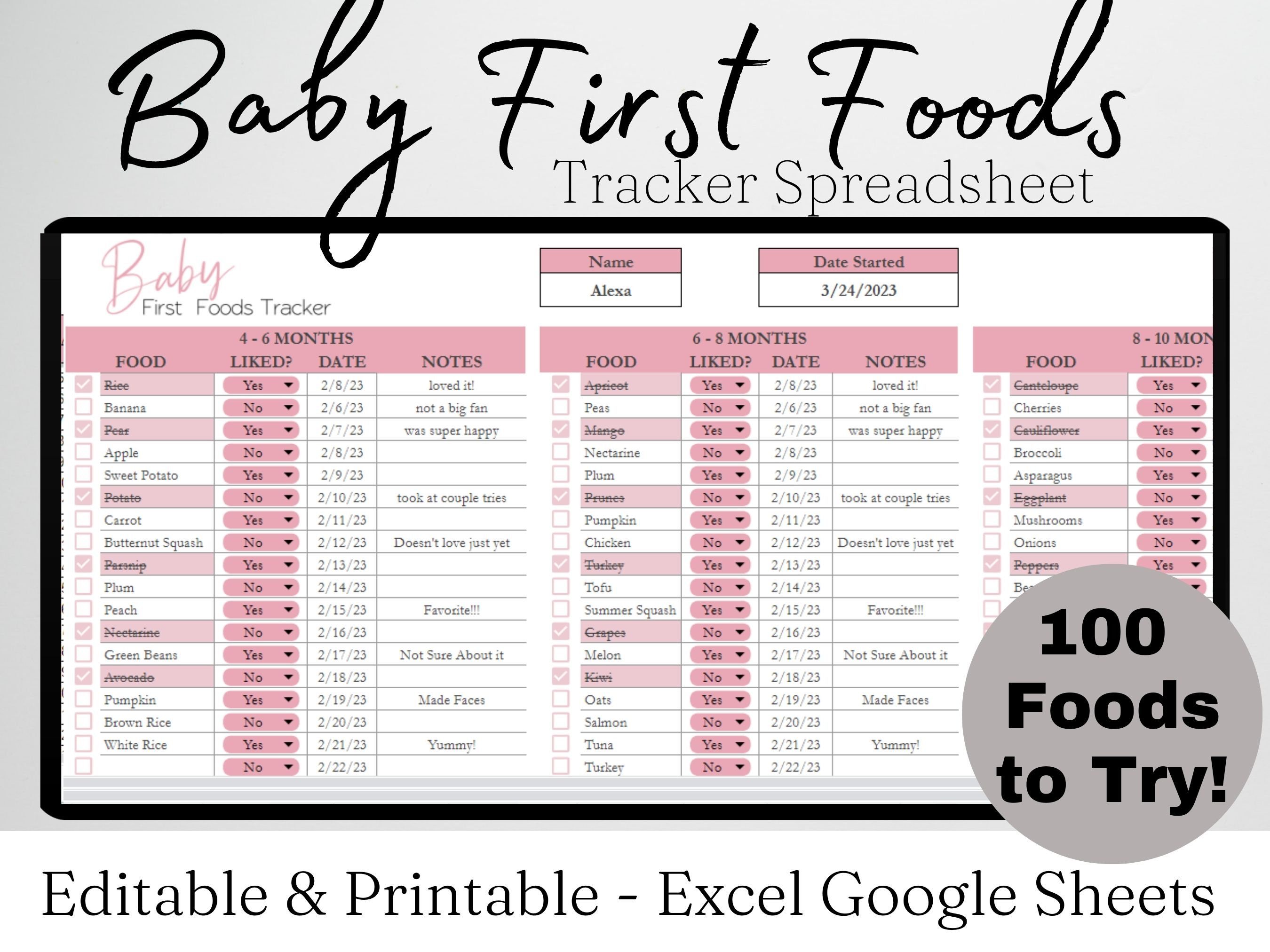 Baby Food Tracker Google Sheets, Baby Food Checklist, Baby Foods List ...