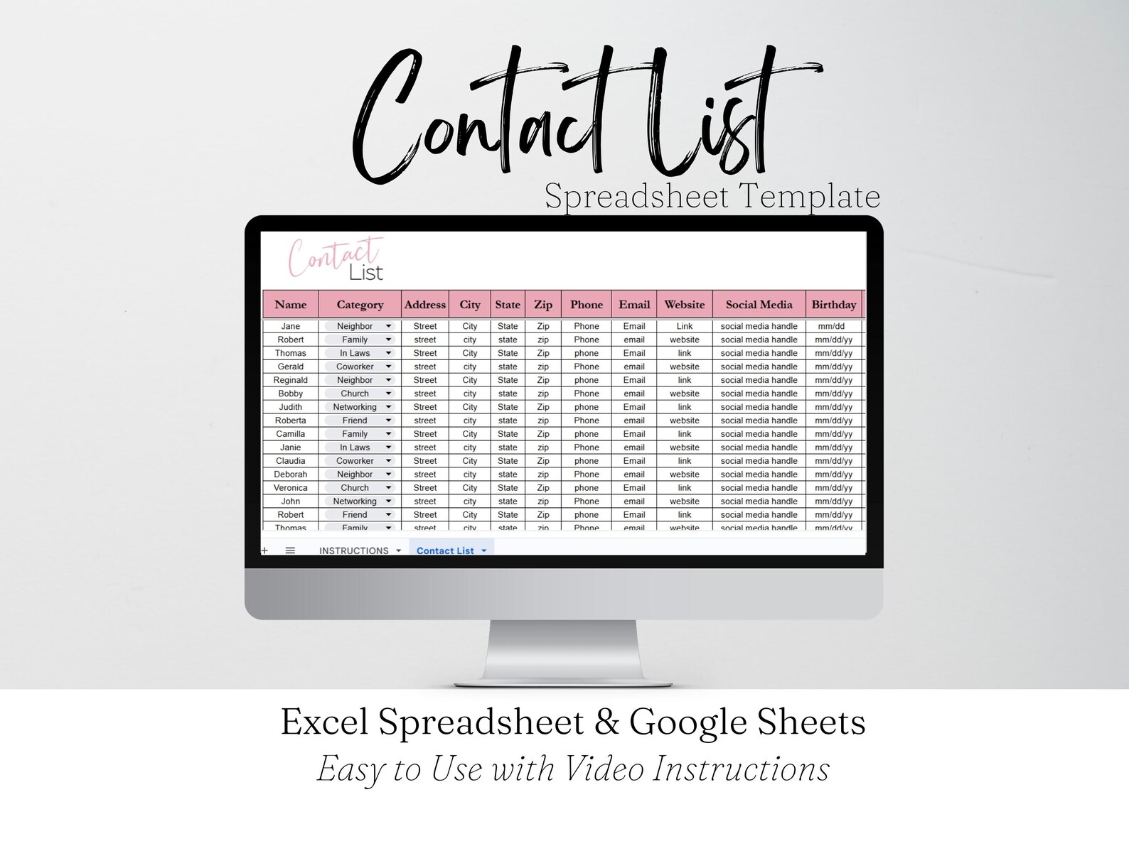 Contact List Template Excel Spreadsheet, Contact List Google Sheet ...