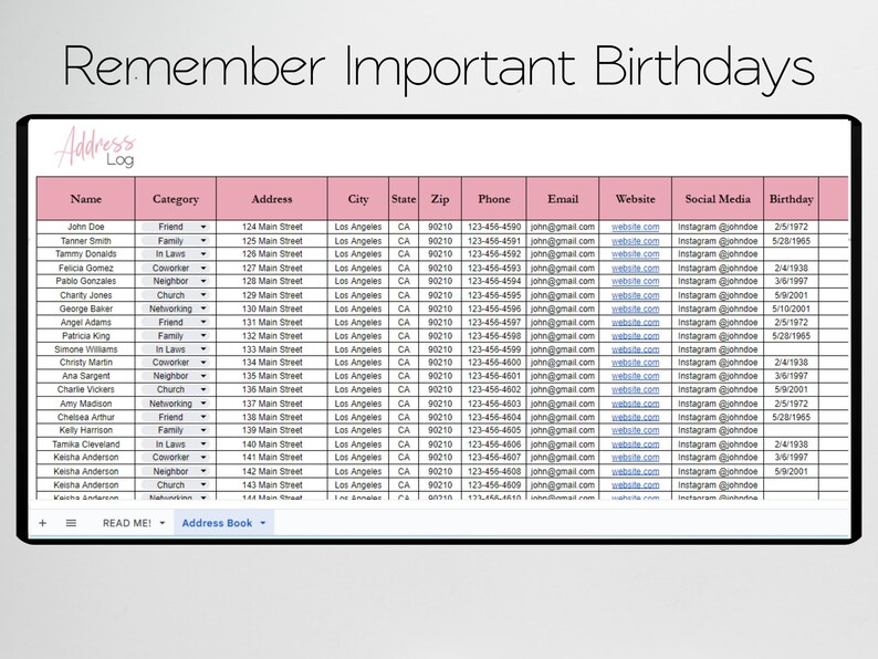 Address Tracker Template Excel Spreadsheet, Address Book, Address Log ...