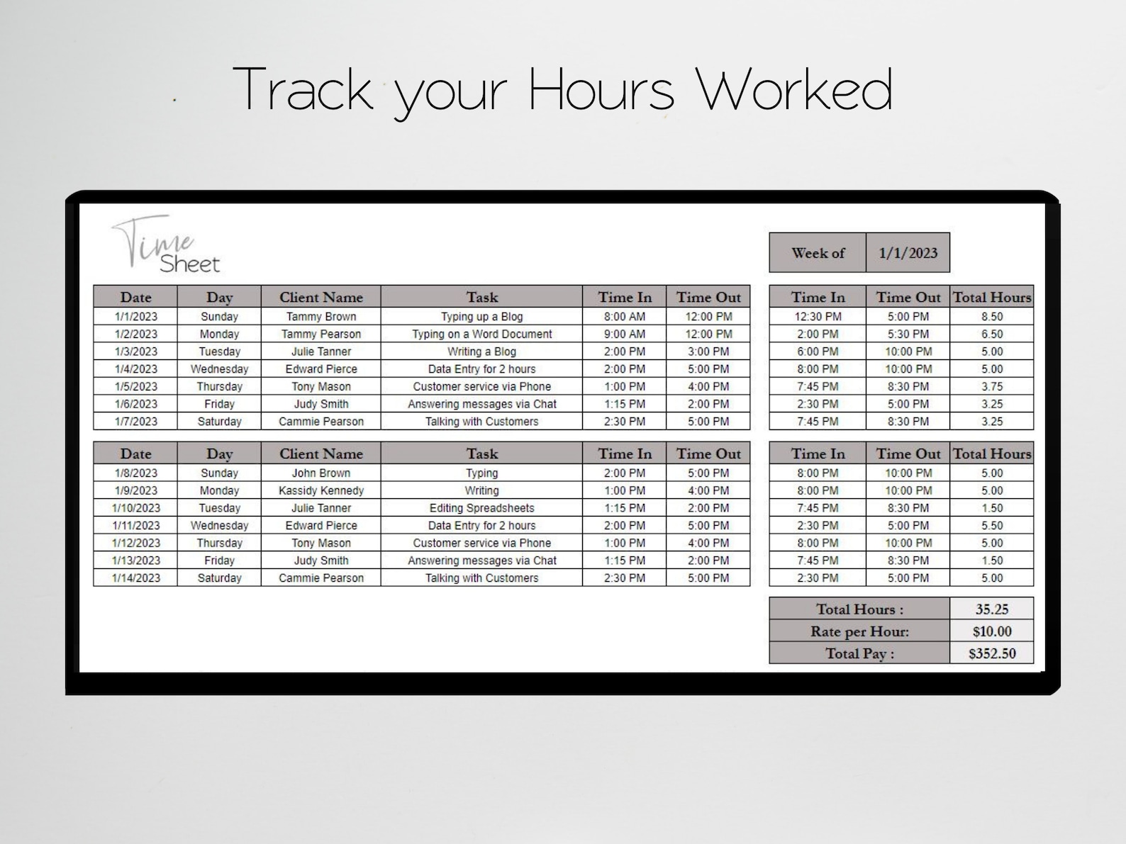 Time Sheet Tracker Employee Time Tracker Weekly Time Sheet - Etsy