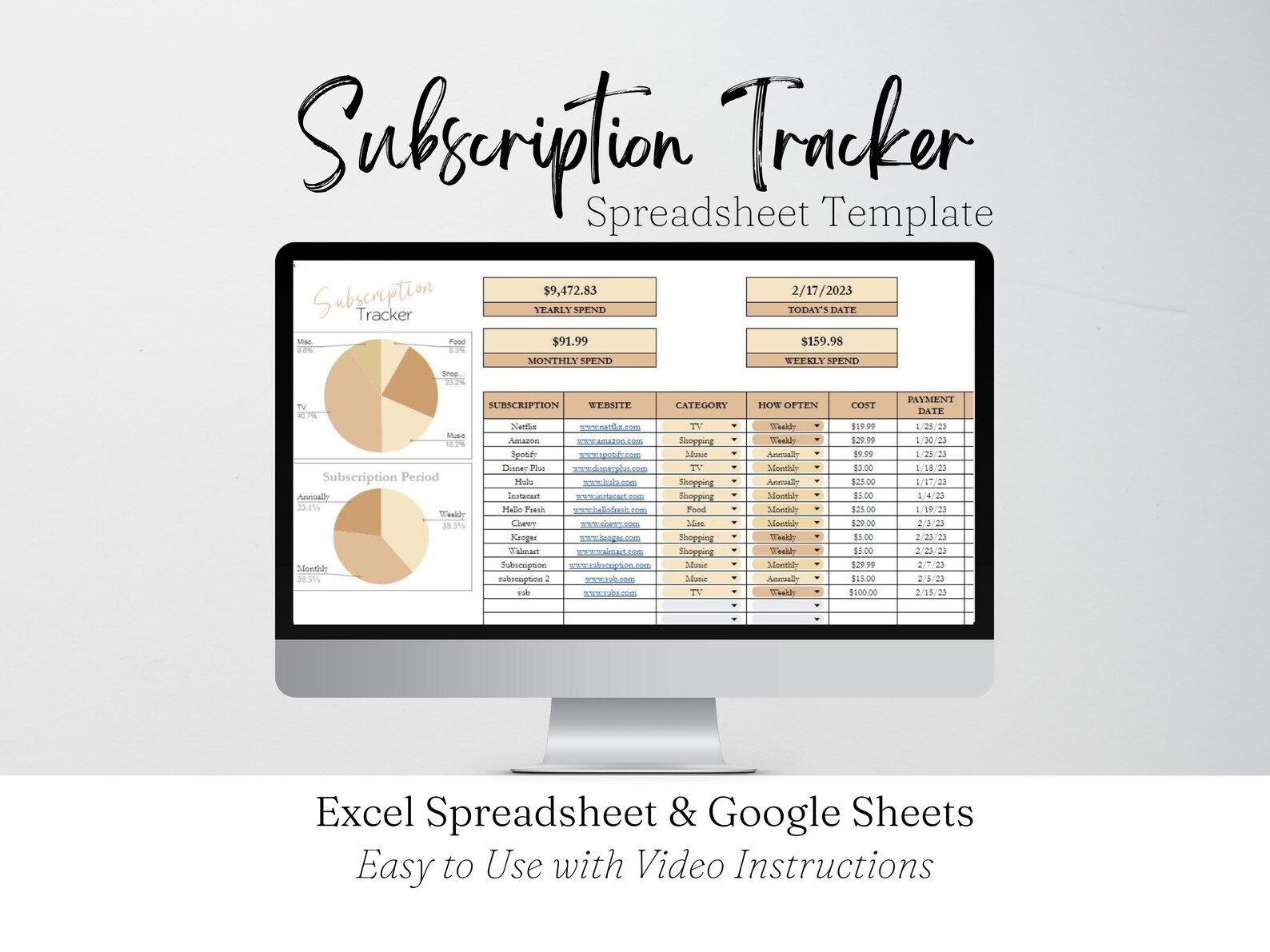 Monthly Subscription Tracker Google Sheets, Monthly Subscription ...