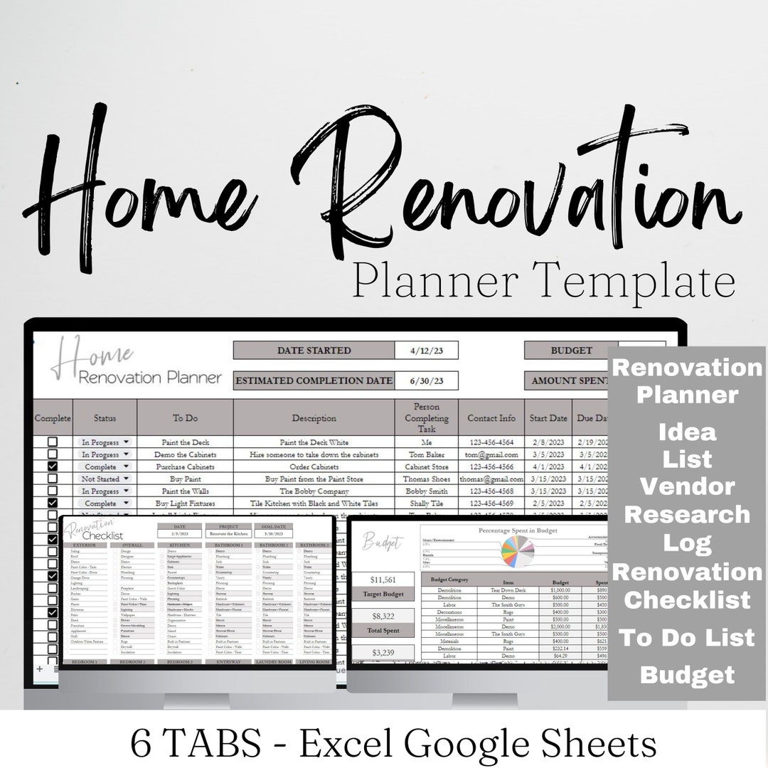 Home Renovation Checklist, Home Renovation Spreadsheet, Remodel ...