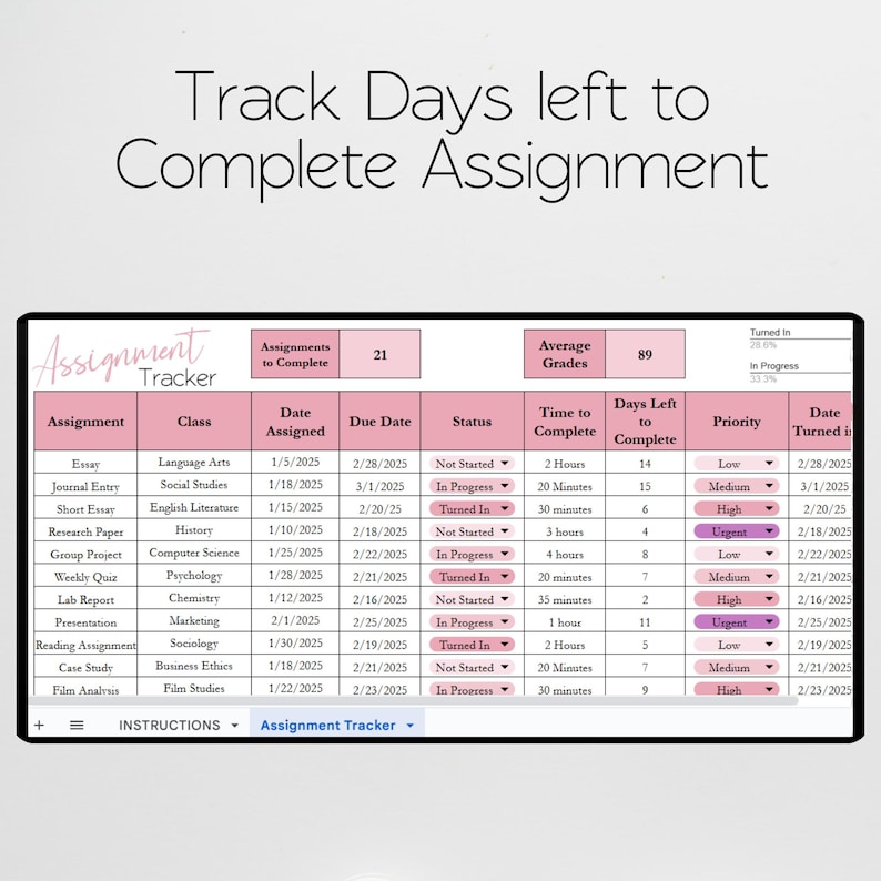 Assignment Tracker Template Excel Spreadsheet, Homework Task List ...