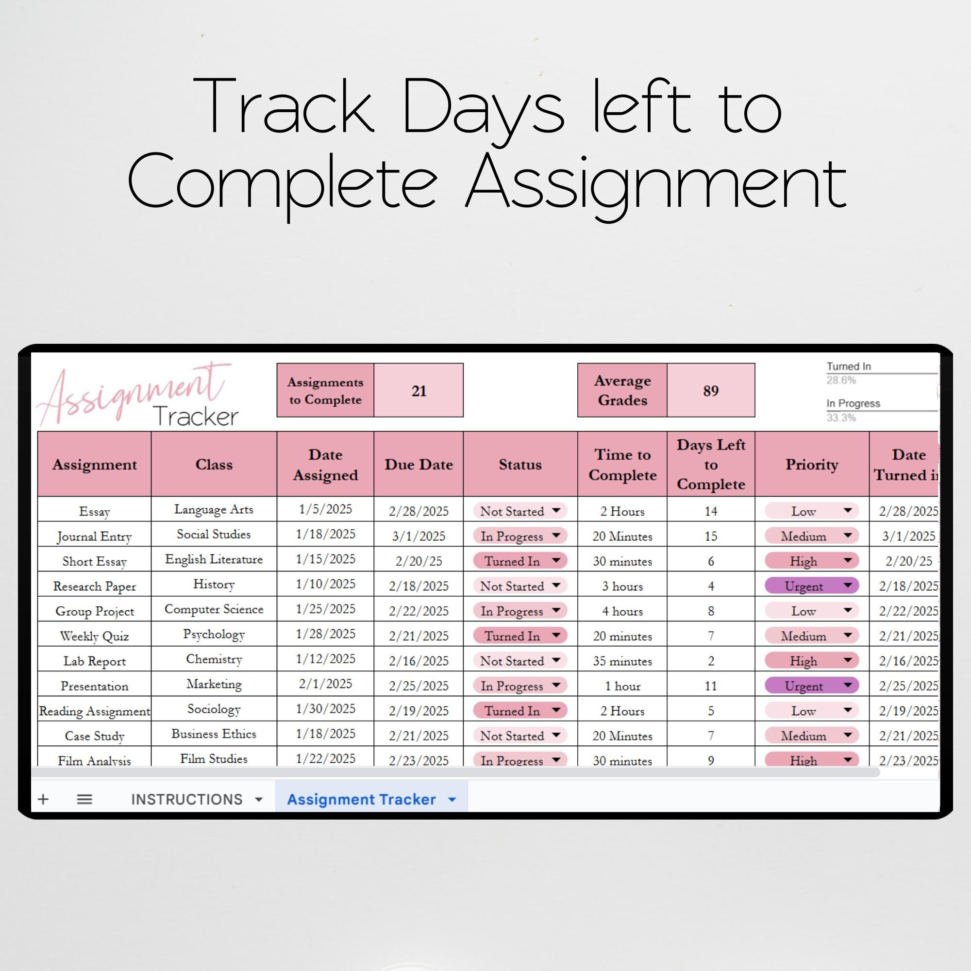 Assignment Tracker Template Excel Spreadsheet, Homework Task List ...