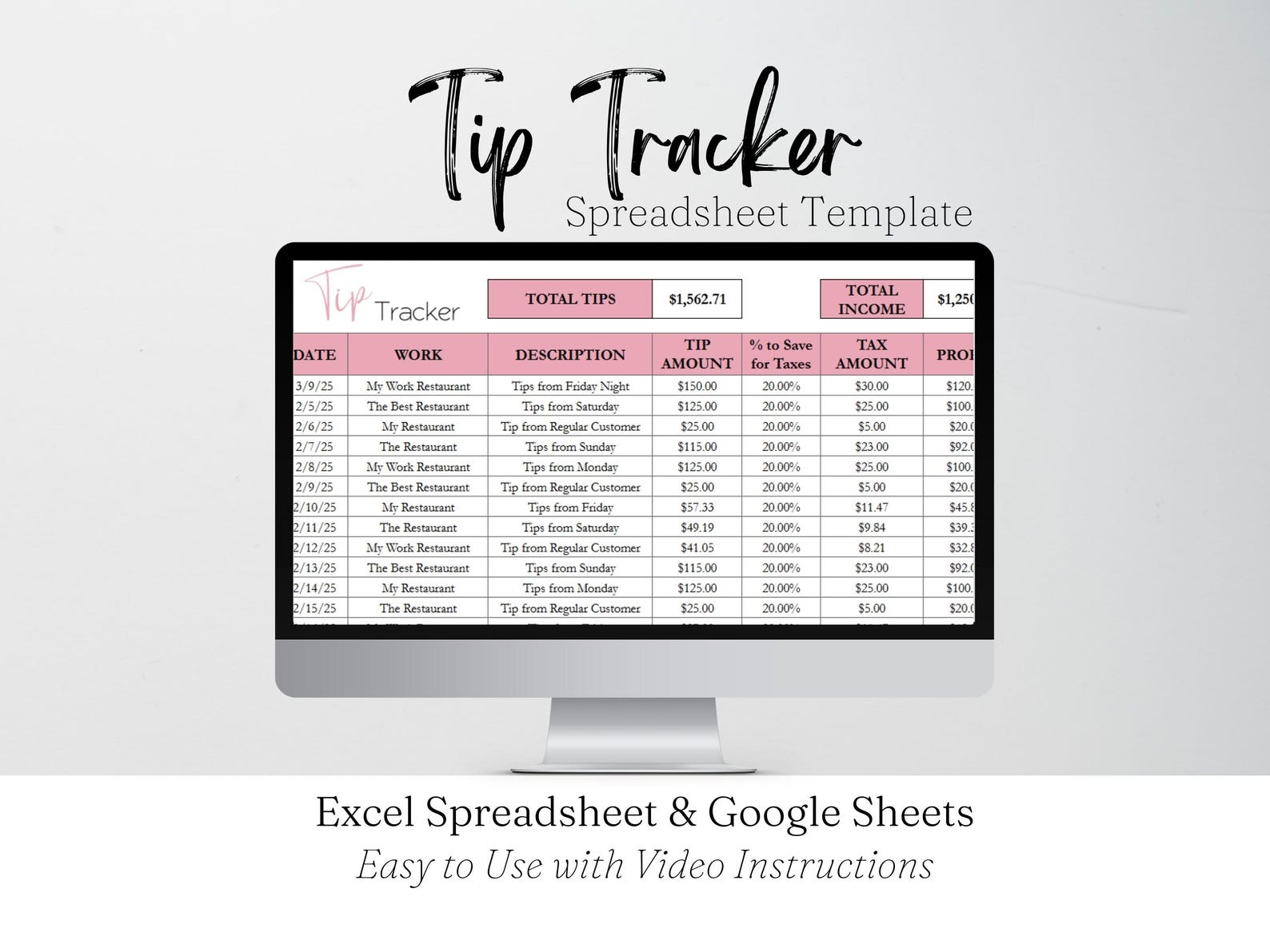 Tip Tracker Excel Spreadsheet, Tips Tracker, Tip Shift Tracker, Server ...