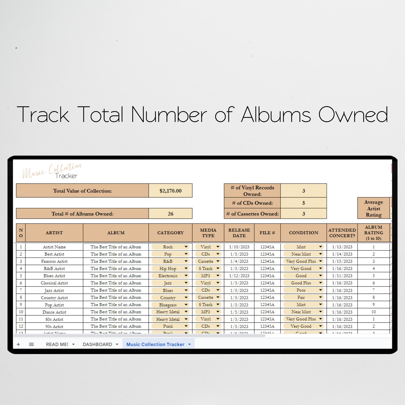 Music Collection Tracker Excel Spreadsheet, Music Tracker Google Sheets ...