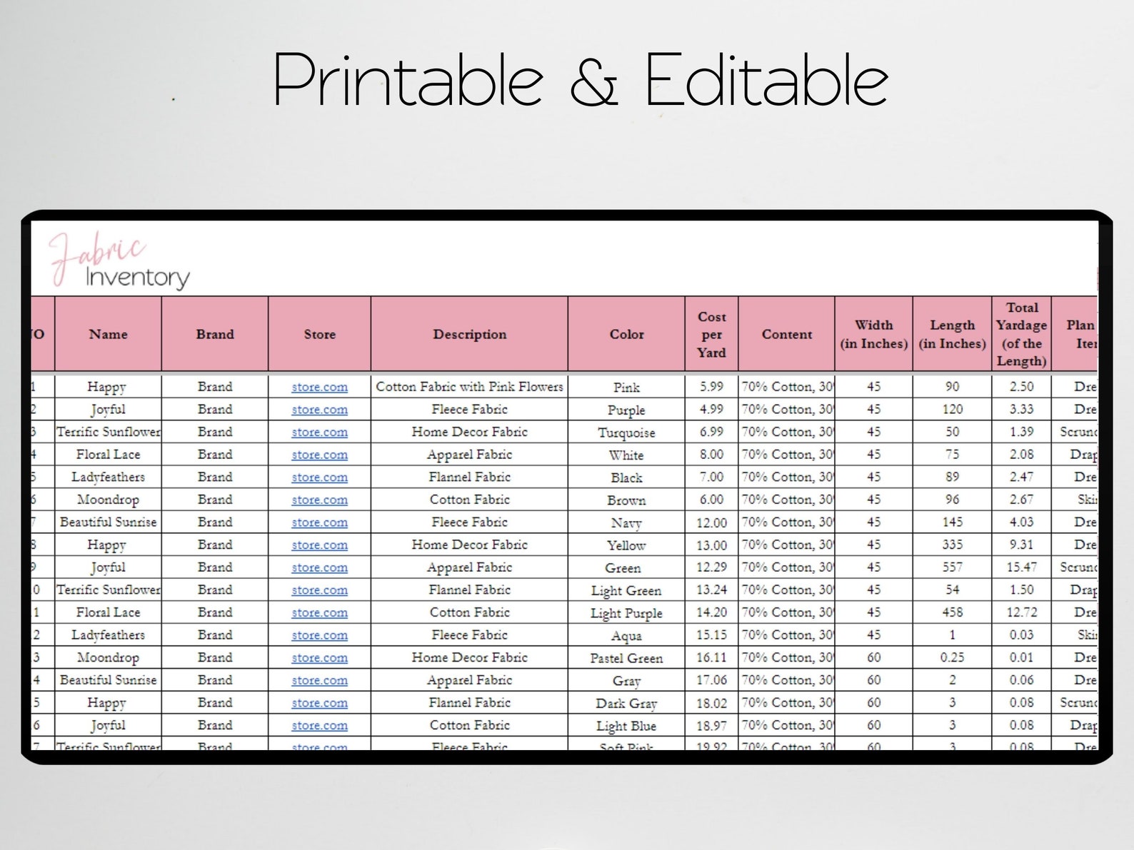 Fabric Inventory Tracker Excel Spreadsheet Sewing Organizer - Etsy