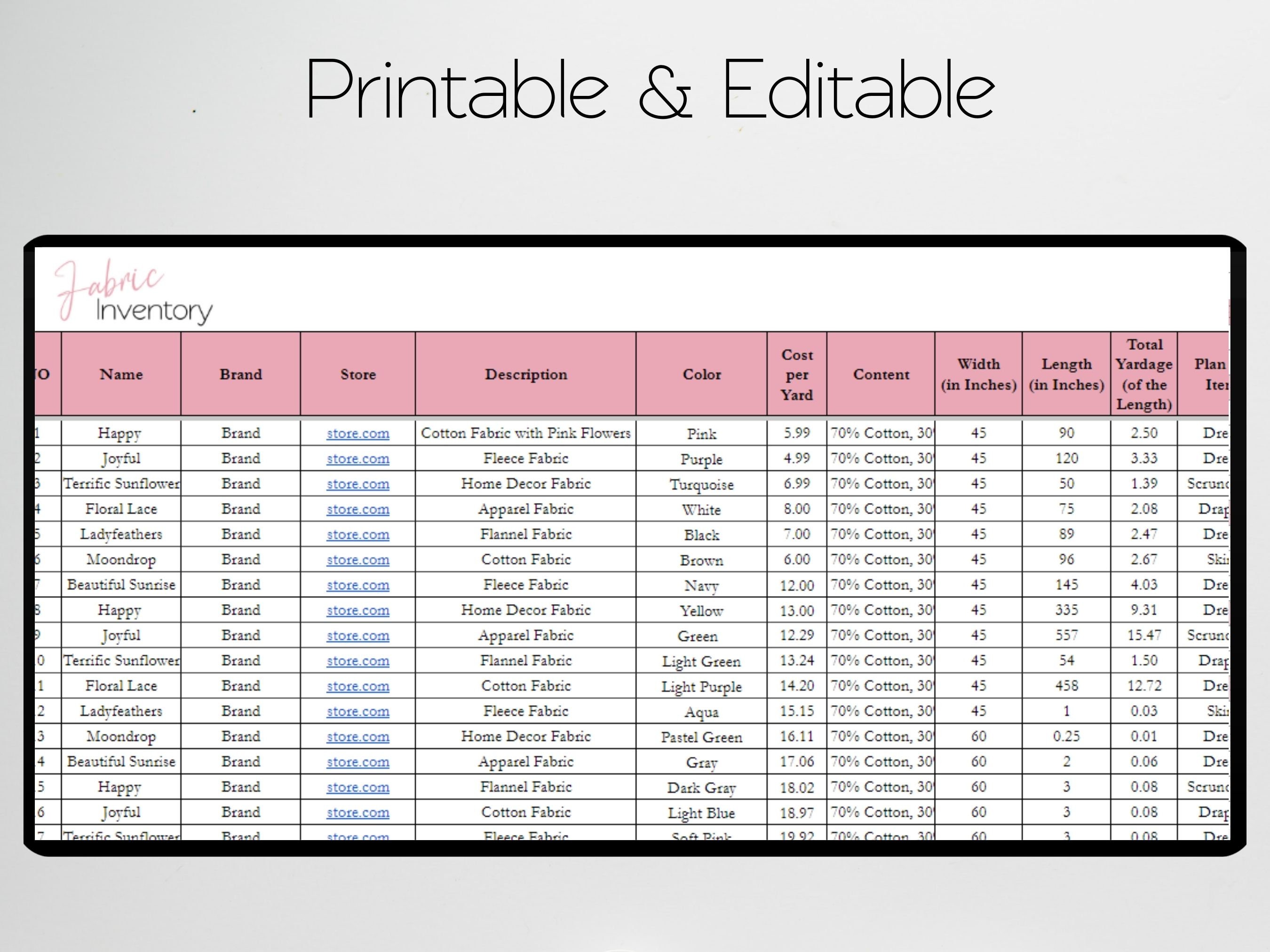 Fabric Inventory Tracker Excel Spreadsheet Sewing Organizer - Etsy