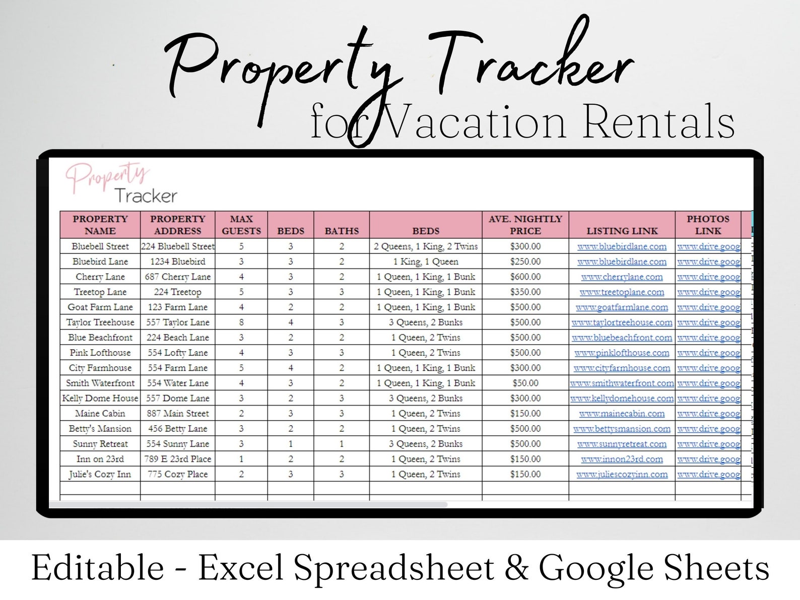 Property List for Property Management, Short Term Rental Property ...