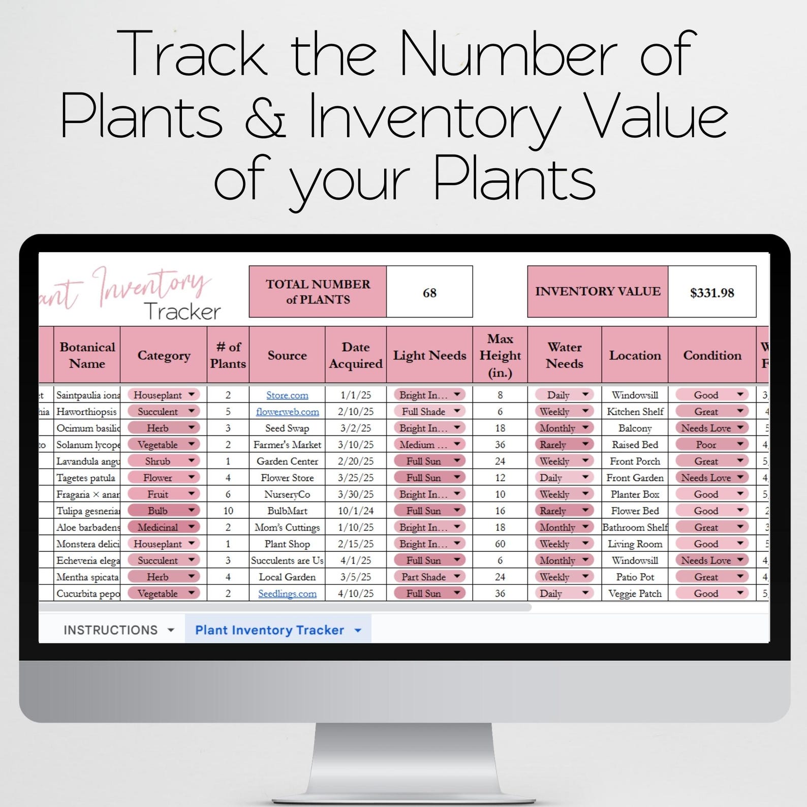 Plant Inventory Tracker Spreadsheet Template, Plant Journal, House ...