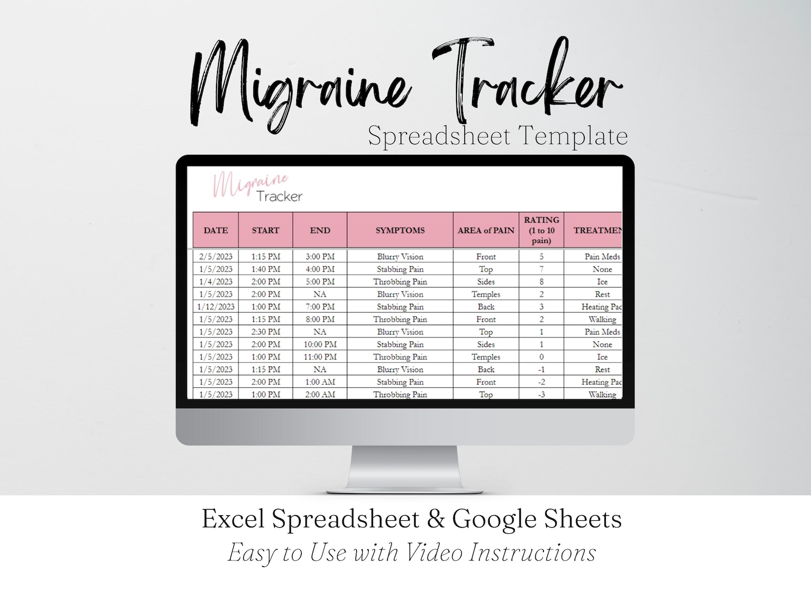 Migraine Tracker Excel Spreadsheet, Chronic Migraine Log Template ...