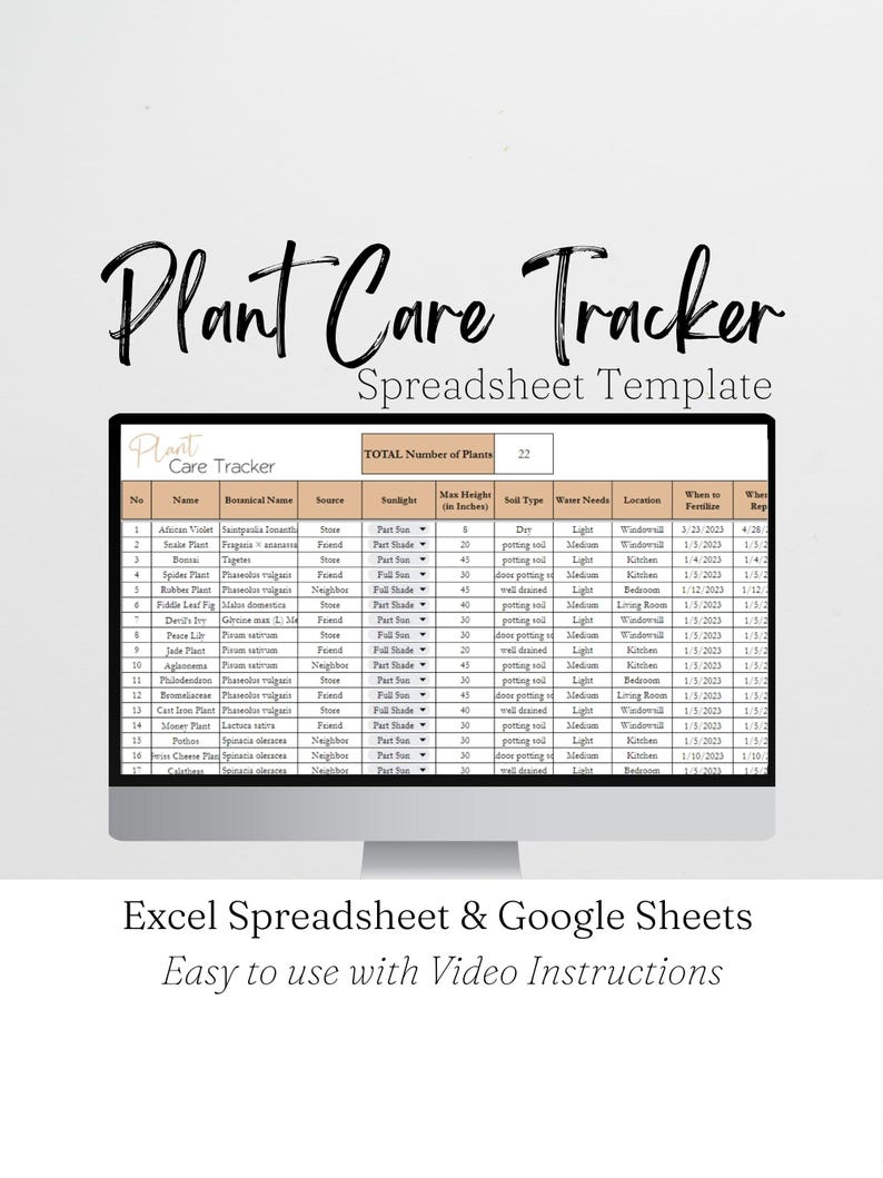 Plant Care Tracker Excel Spreadsheet, Houseplants Care, House Plant ...