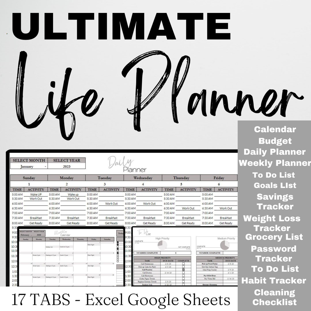 Daily Planner Excel Spreadsheet, Editable Template, Ultimate Life ...