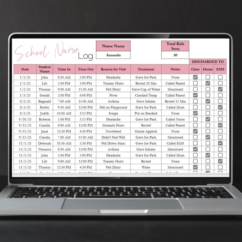 School Nurse Log Template, School Clinic Visit Log Google Sheets, Daily ...