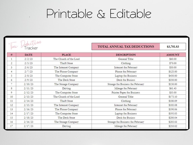 Tax Deduction Tracker Excel Spreadsheet Editable Tax - Etsy