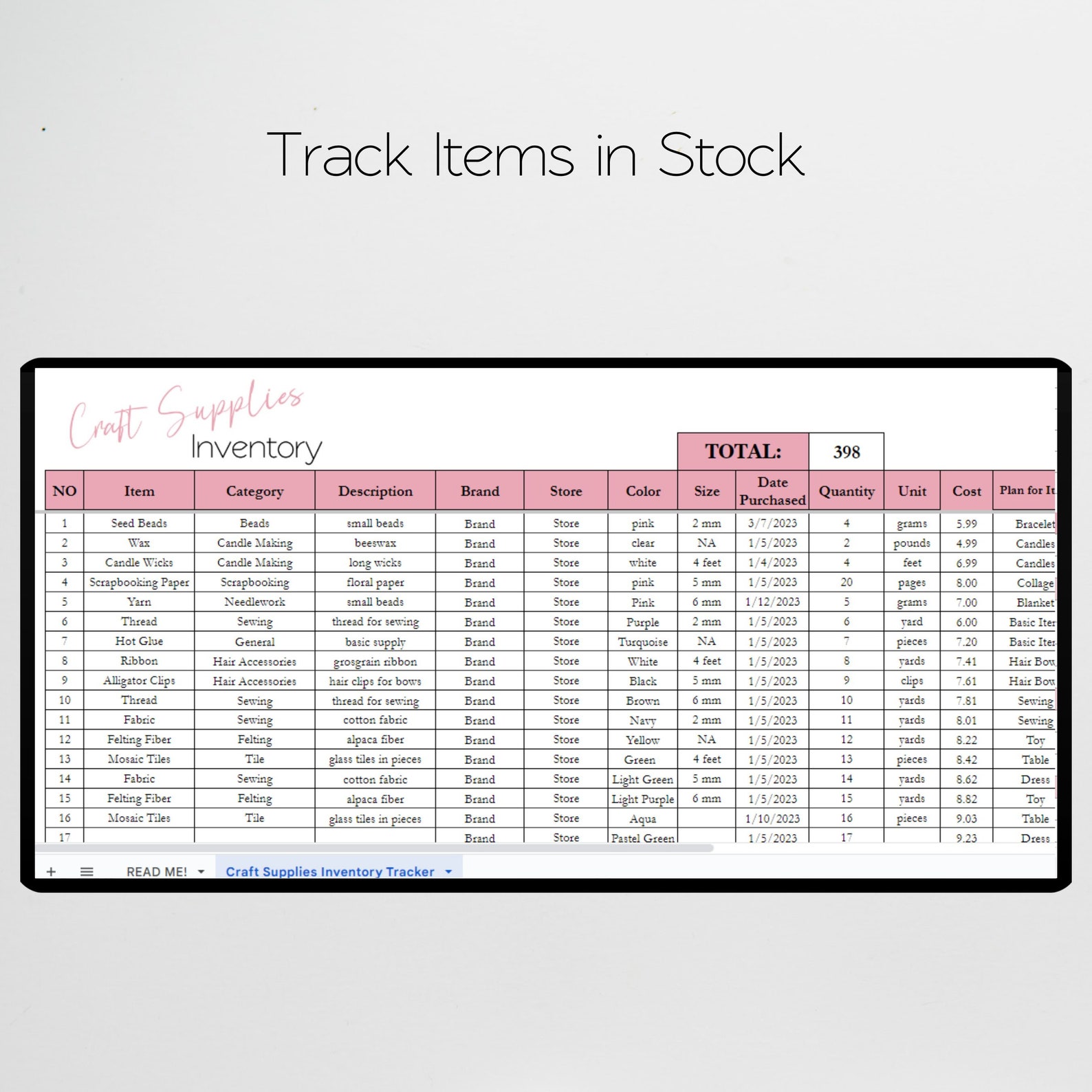 Craft Supplies Inventory Tracker Excel Spreadsheet Crafts Organization ...